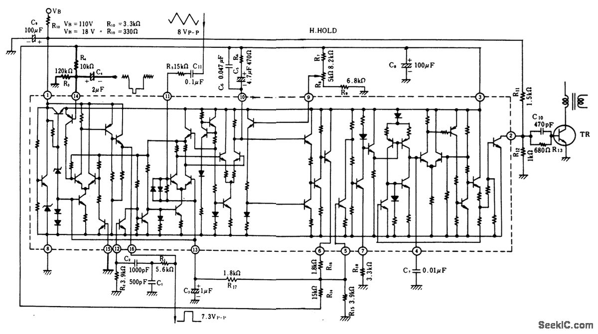 TV_horizontal_AFC_and_oscillator_with_sync_separator_for_positive_sync_using_an_ECG1086_16_pin ...