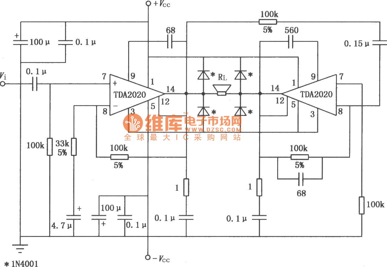 20W Hi—Fi Audio power amplifier TDA2020 BTL application circuit diagram ... 20W Hi—Fi Audio power amplifier TDA2020 BTL application circuit diagram ...