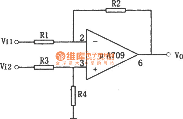 Simple differential amplifier circuit diagram composed of μA709 ... Simple differential amplifier circuit diagram composed of μA709 ...
