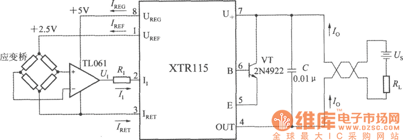Strain bridge current transmitter circuit diagram composed of XTR115 precision current ...