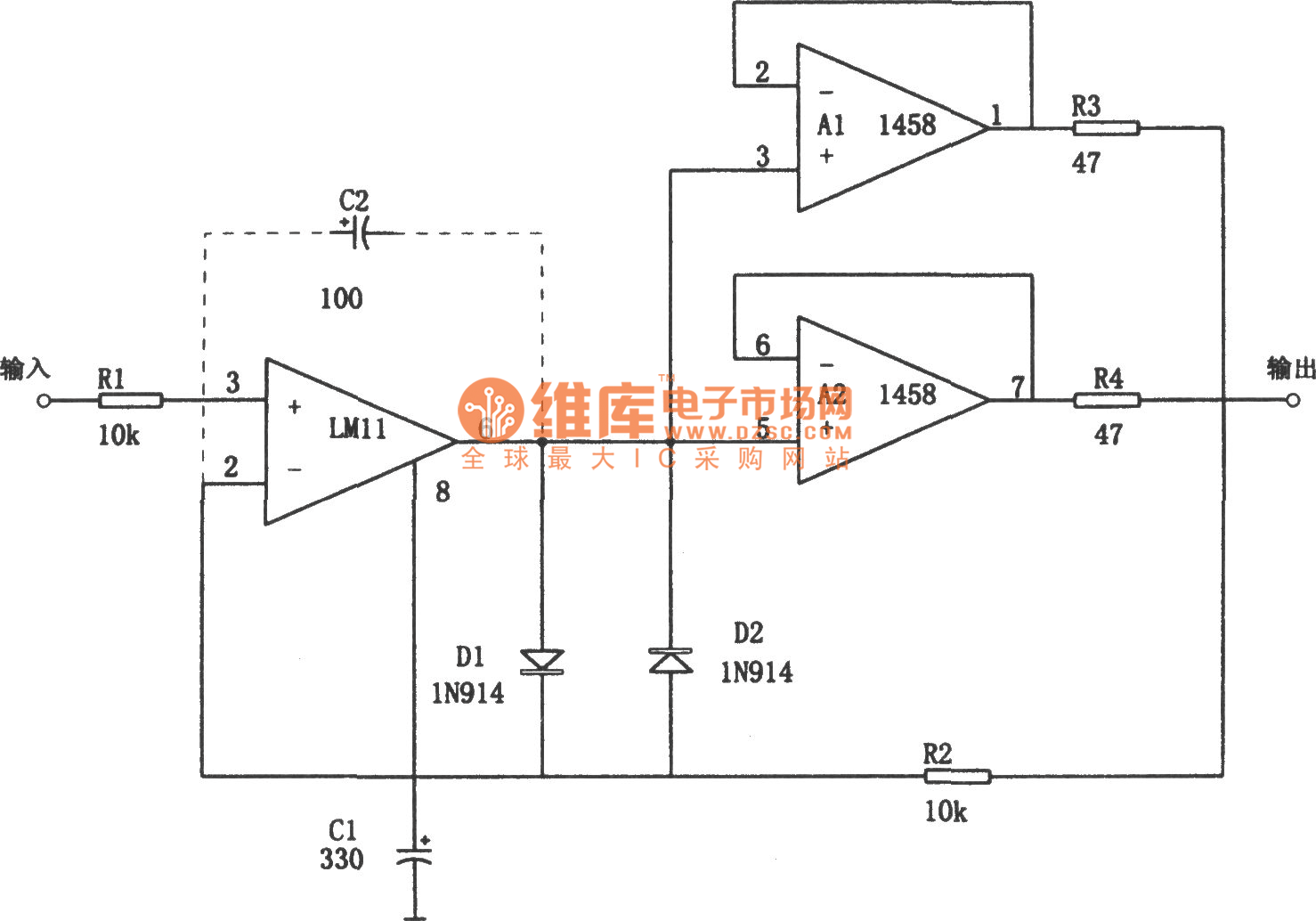 The precision composite buffer circuit compose of the MC1458 - Audio_Circuit - Circuit Diagram ...