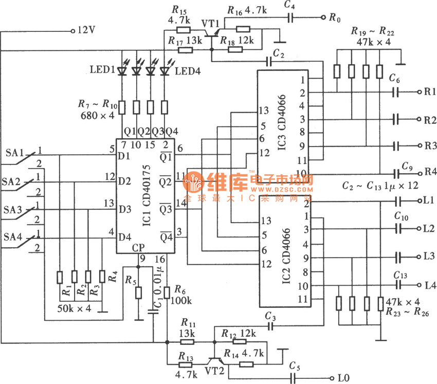 four-way electronic change-over switch circuit with CD40157,CD4066 - Motor_Control - Control ...
