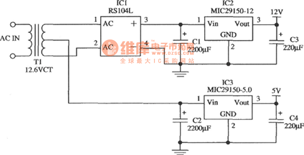 Low-cost Dual Output Regulator Circuit Composed Of MIC29152-12 And MIC29150-5.0 - Power_Supply ...