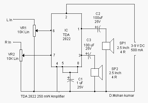 TDA2822 Stereo Amplifier Circuit - Amplifier_Circuit - Circuit Diagram - SeekIC.com